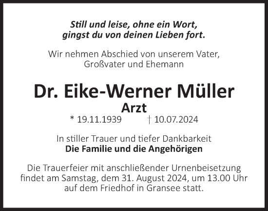 Traueranzeigen von Eike-Werner Müller | Märkische Onlinezeitung ...