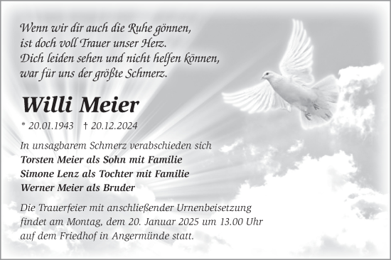 Traueranzeigen von Willi Meier | Märkische Onlinezeitung Trauerportal
