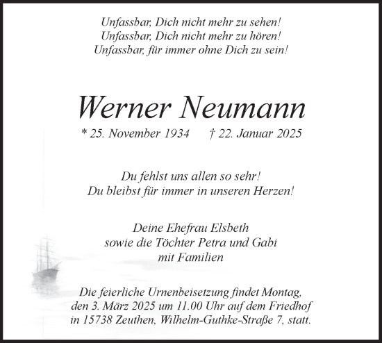 Traueranzeigen von Werner Neumann | Märkische Onlinezeitung Trauerportal