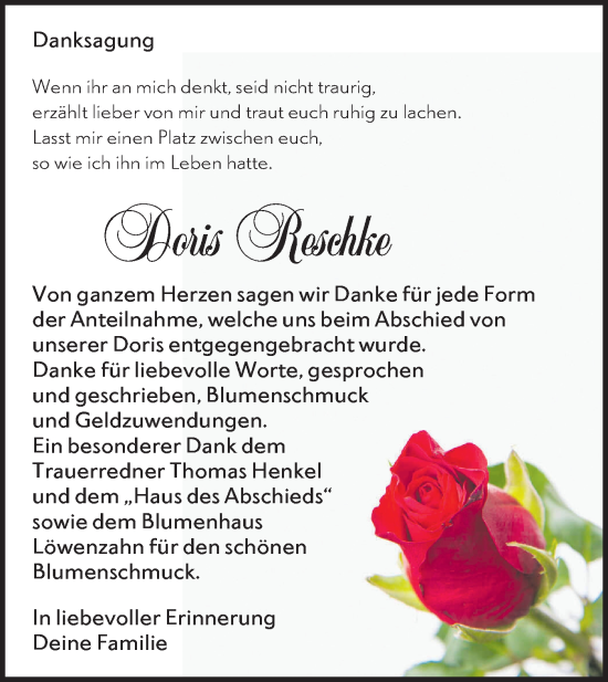 Traueranzeigen von Doris Reschke | Märkische Onlinezeitung Trauerportal