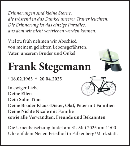 Traueranzeigen von Frank Stegemann | Märkische Onlinezeitung Trauerportal