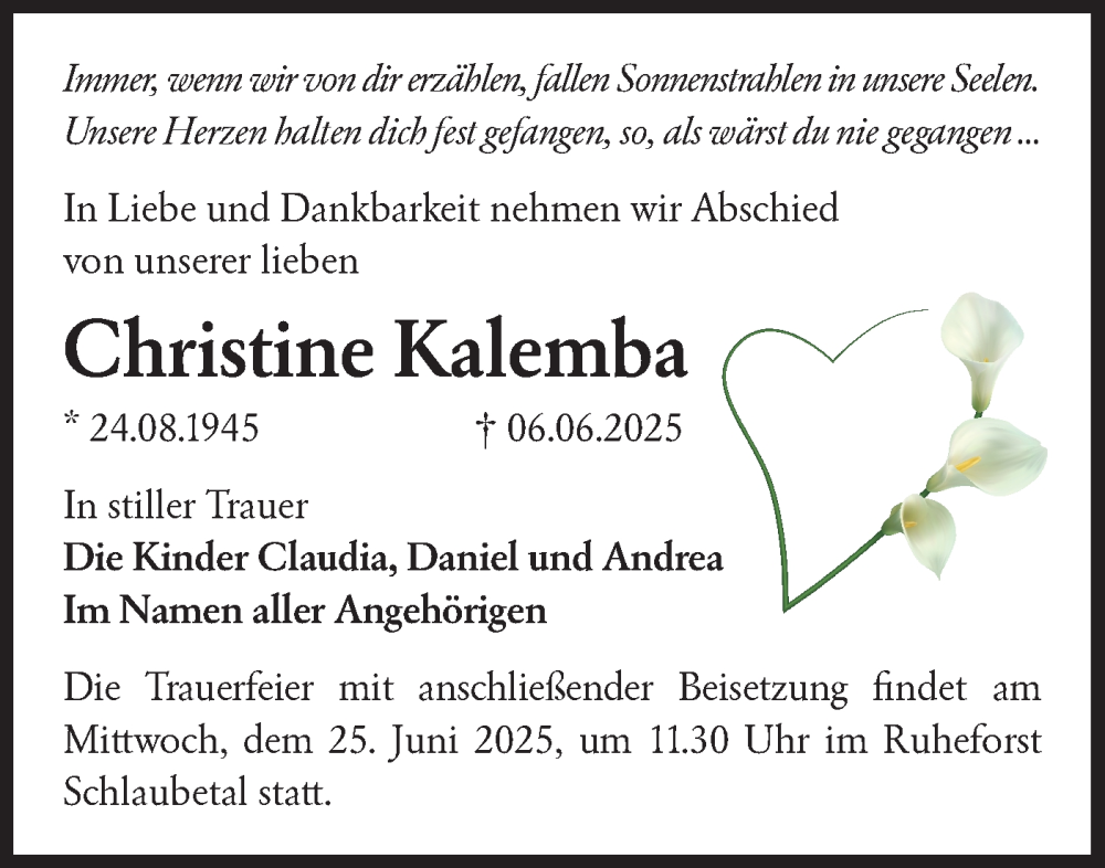 Traueranzeigen von Christine Kalemba | Märkische Onlinezeitung Trauerportal