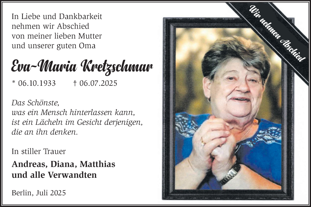 Traueranzeigen von Eva Maria Kretzschmar | Märkische Onlinezeitung Trauerportal