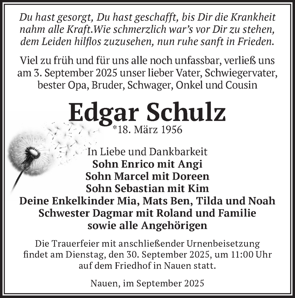 Traueranzeigen von Edgar Schulz | Märkische Onlinezeitung Trauerportal